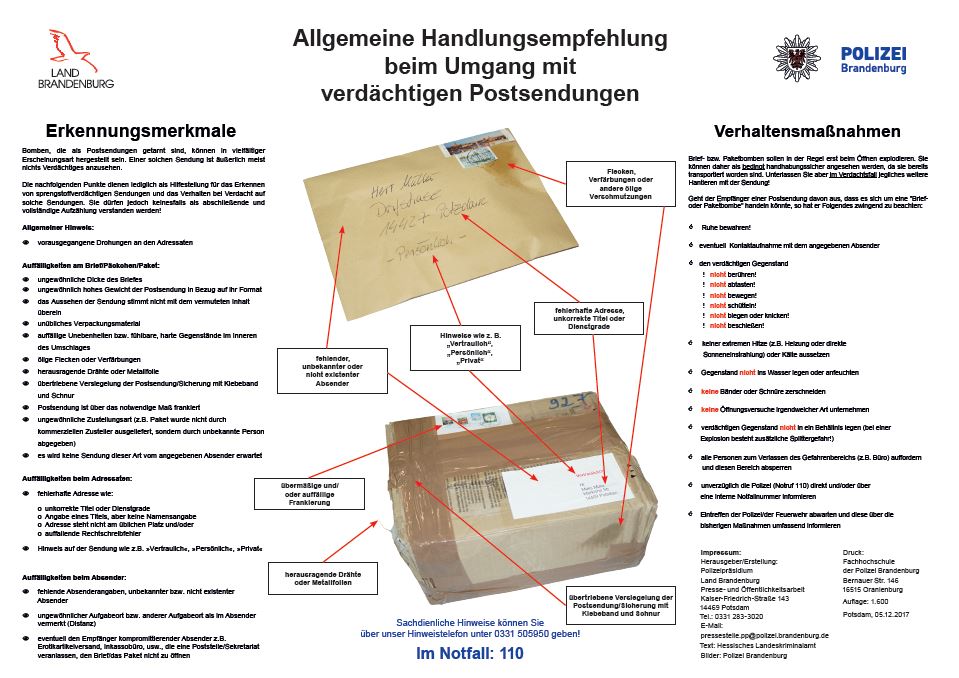 Allgemeine Handlungsempfehlung beim Umgang mit verdächtigen Postsendungen